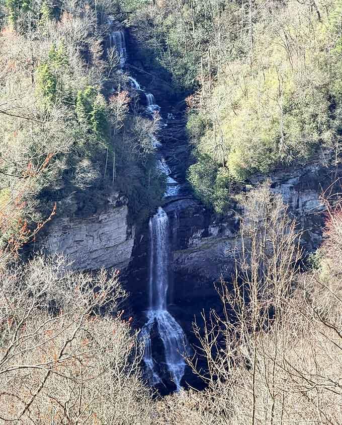 The gorge frames this dramatic waterfall perfectly, a ribbon of white water plunging through layers of ancient rock.