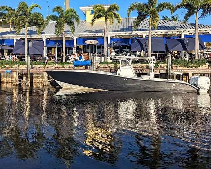 That sleek boat docked outside means some lucky diners arrived in style for waterfront dining done right.