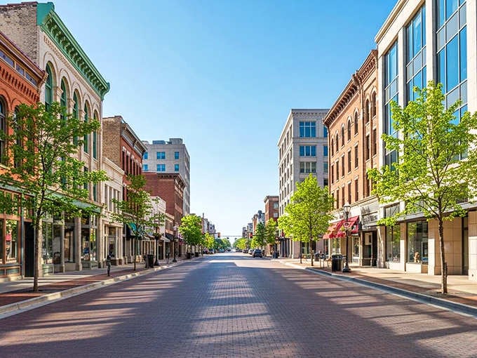Brick-paved streets lead toward the horizon in this beautifully maintained downtown that takes pride in its appearance.