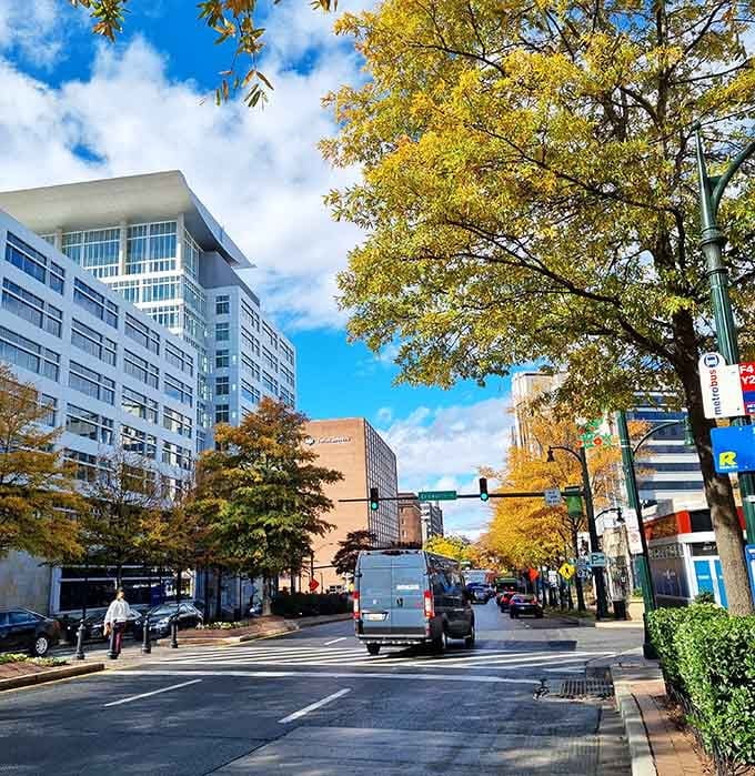 Golden autumn trees frame modern architecture where urban amenities meet suburban comfort in a retirement-friendly combination that just works.