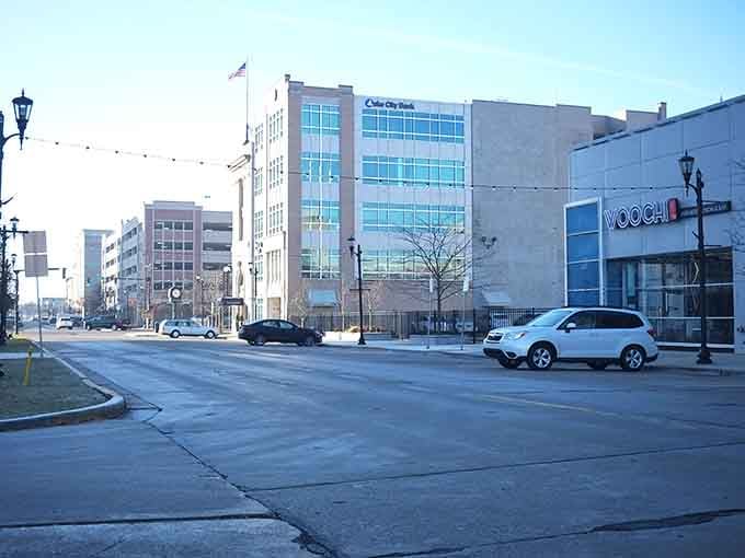 Modern buildings stand alongside vintage charm in a winter scene that proves affordability doesn't mean sacrificing city amenities.