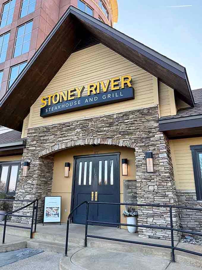 Stone and timber blend seamlessly in this inviting exterior, promising a warm atmosphere where exceptional steaks take center stage inside.