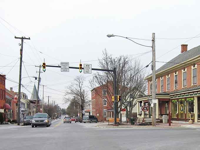 Bare branches frame a main street that's seen countless seasons but never lost its welcoming, down-home character.