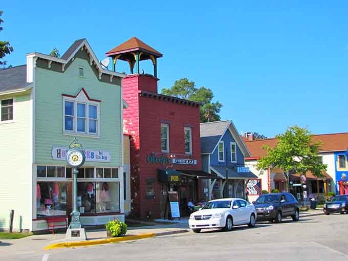 Colorful storefronts pop against blue skies like a box of crayons came to life downtown.