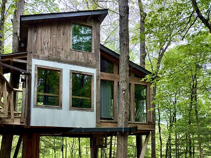 Round tower treehouse with Gothic windows proves fairy tale architecture works perfectly among Ohio oaks.