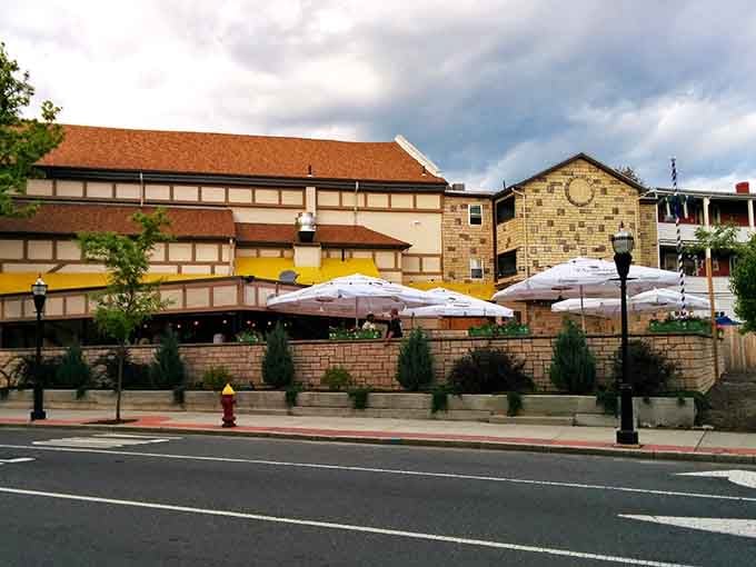 White umbrellas and long wooden tables create an authentic German beer garden right here at home.