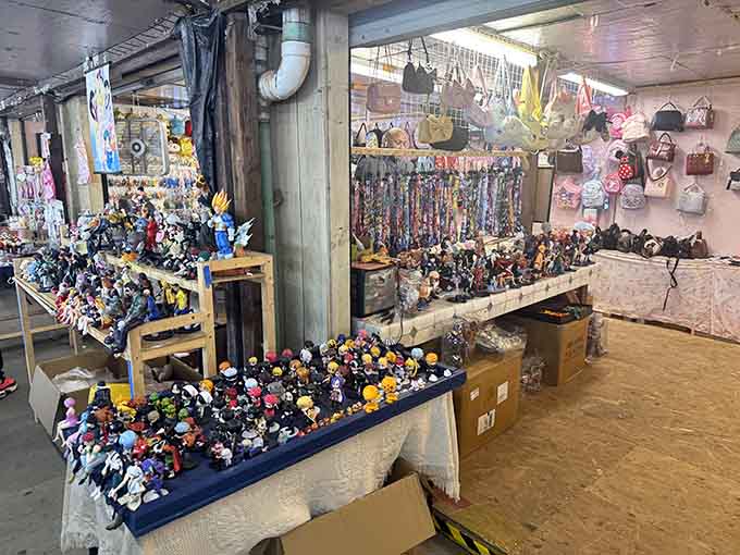 Collectible figurines crowd every surface, creating a nostalgic museum where everything's actually for sale at bargain prices.