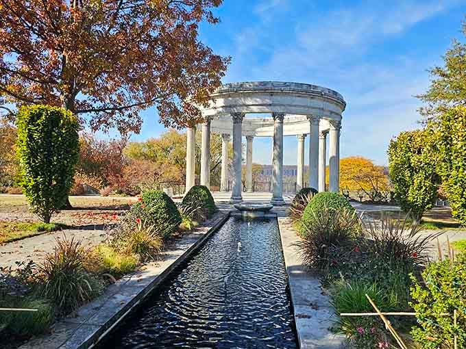 Classical columns frame the reflecting pool with such perfect symmetry that ancient Romans would nod in approval.