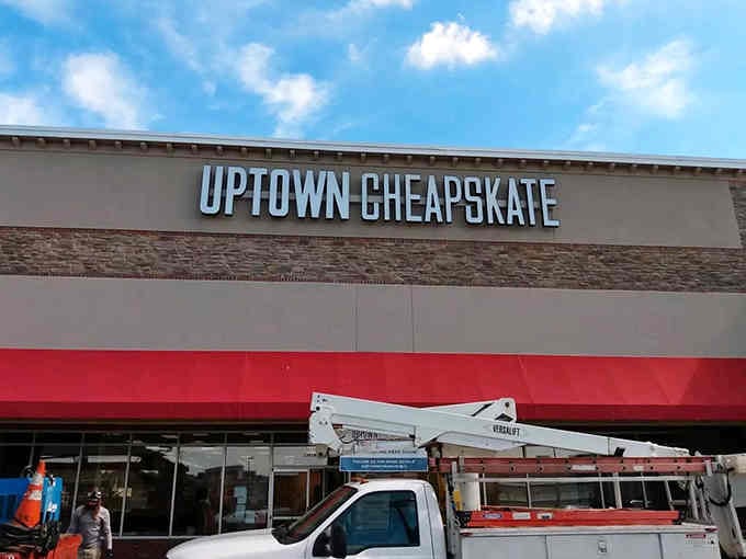 A bold red stripe wraps this building like a present, and inside you'll unwrap deals that defy retail logic.