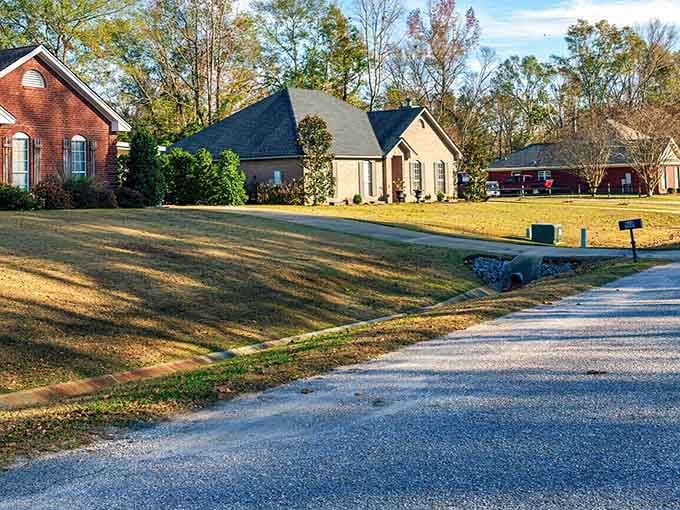 Neat homes and golden lawns bask in late-day sun, proving peaceful living doesn't require a fancy zip code.