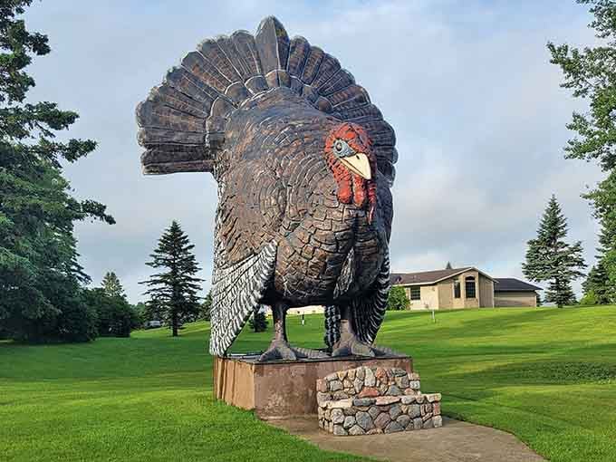 Every feather gleams with pride on this oversized bird, standing guard over town like Thanksgiving's most enthusiastic ambassador.