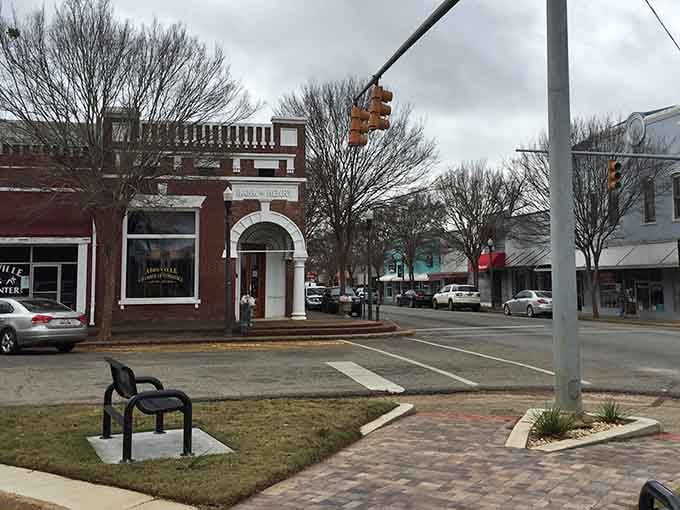 Even on a gray day, this downtown square maintains its dignity like a Southern gentleman in Sunday clothes.