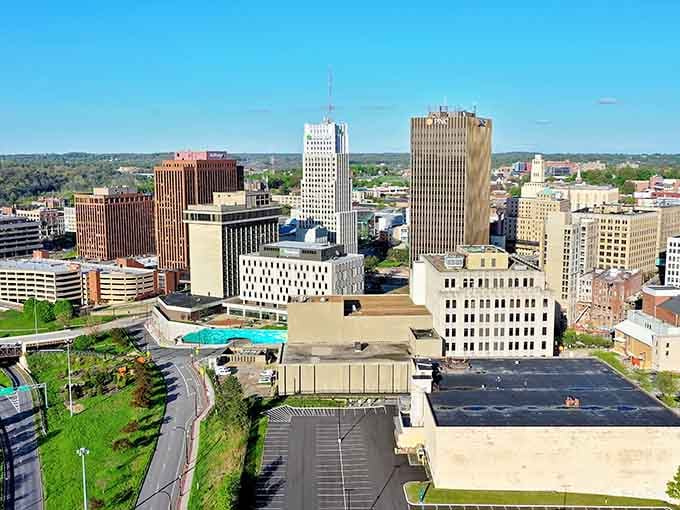 The bird's-eye view shows a downtown that's compact enough to explore but spacious enough to never feel claustrophobic.