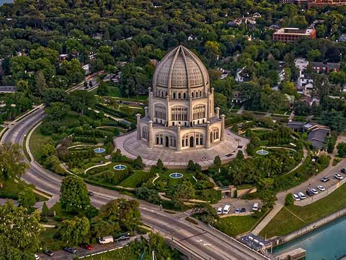 From above, the temple sits like a jewel surrounded by perfectly circular gardens and tree-lined streets.