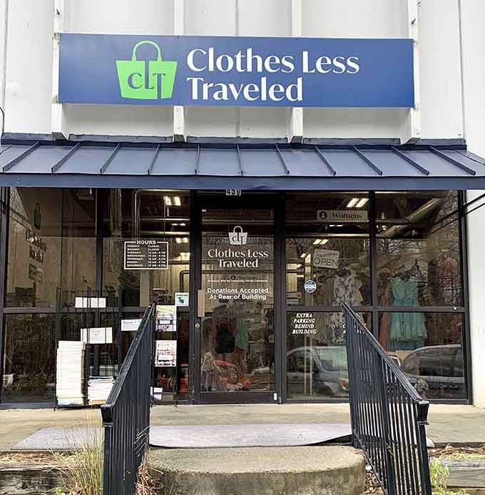 The welcoming glass entrance and accessibility ramp show thoughtful design where everyone can shop for bargains comfortably.