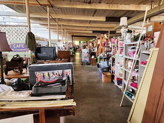 The cafe corner beckons weary shoppers with promises of sustenance between serious treasure hunting expeditions.