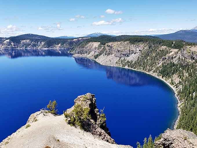 The rim road curves along cliffs above water so blue it looks like someone spilled a giant bottle of Windex.
