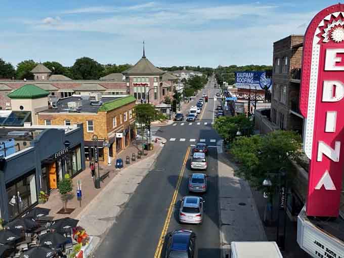 The iconic Edina sign towers overhead while tree-lined streets below whisper promises of good shopping and better coffee.