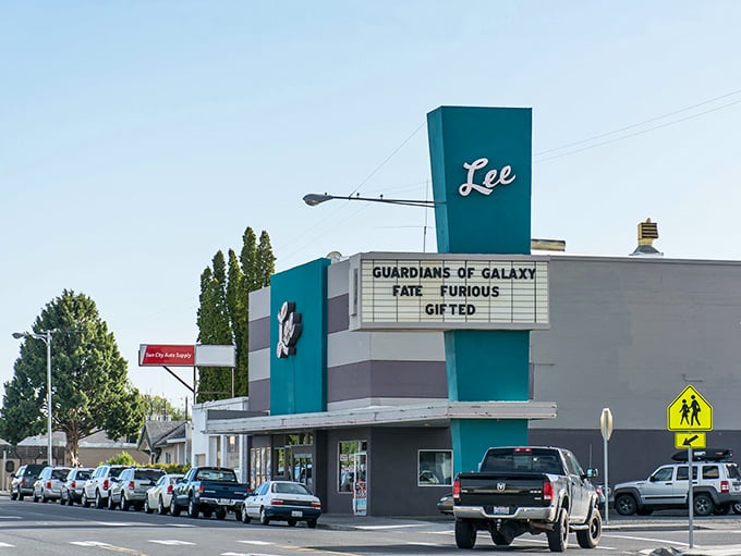 That retro Lee Theater sign stands tall like a beacon for movie lovers who remember when theaters had personality.