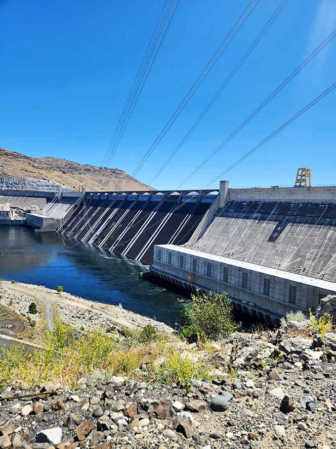 Those spillway gates mean business—when they open, it's like nature's own power washer on an epic scale.