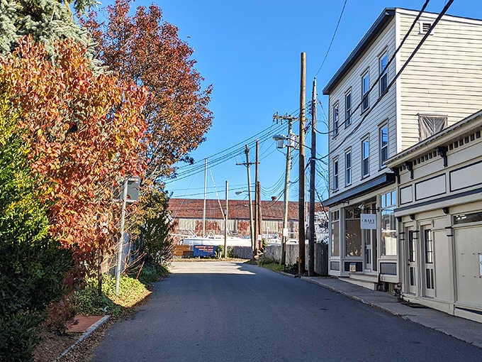 Autumn trees blaze orange against white clapboard, creating contrast that photographers dream about capturing perfectly every time.