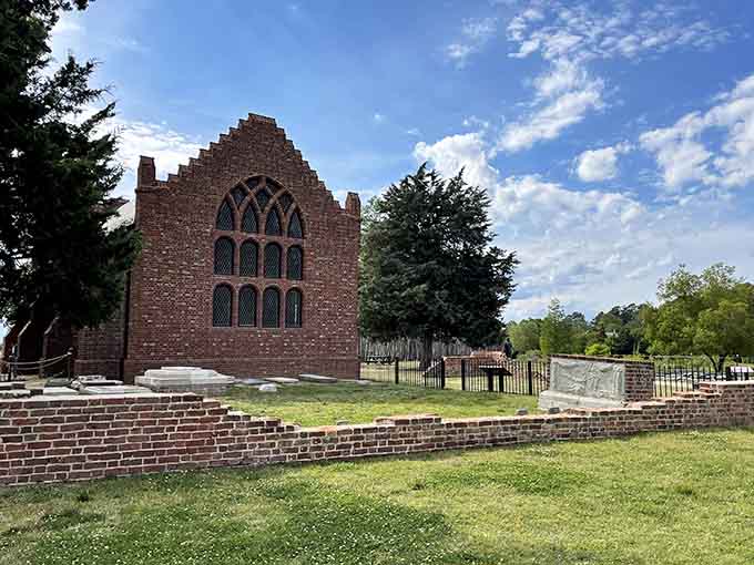 Gothic windows and weathered brick walls tell stories of English settlers who built their dreams here.