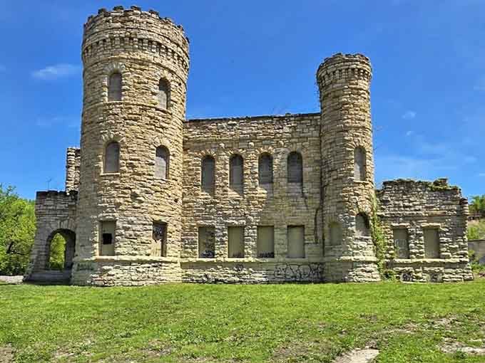 Twin towers frame blue sky where roofs once stood, creating an accidentally perfect architectural photograph.