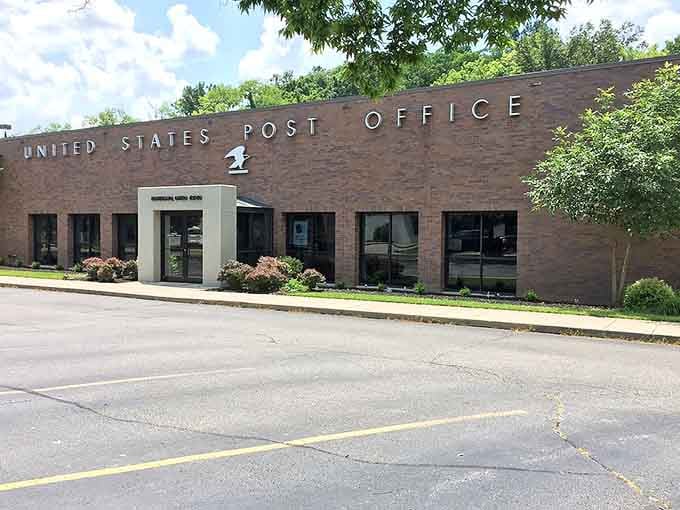 Even the post office exudes quiet dignity here, proving that everyday places deserve thoughtful design and landscaping.