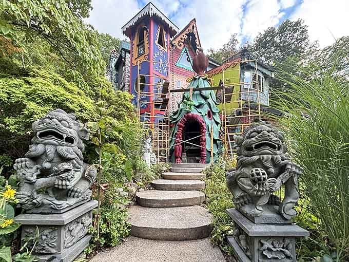 Vibrant patterns and mystical sculptures transform an ordinary house into a fantastical wonderland that defies all convention.