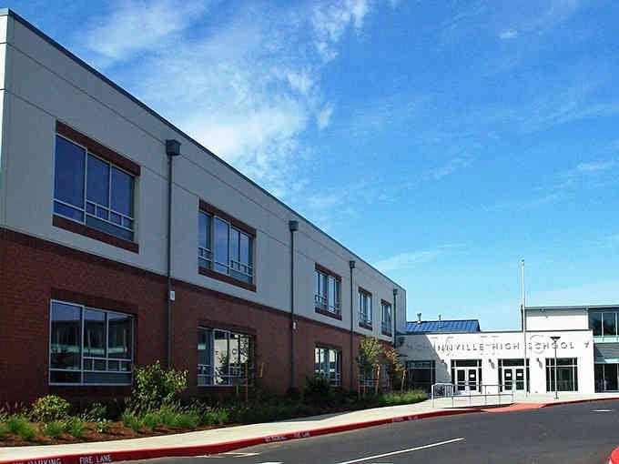 Clean modern lines define this school building, showing how small towns invest in their future generations thoughtfully.