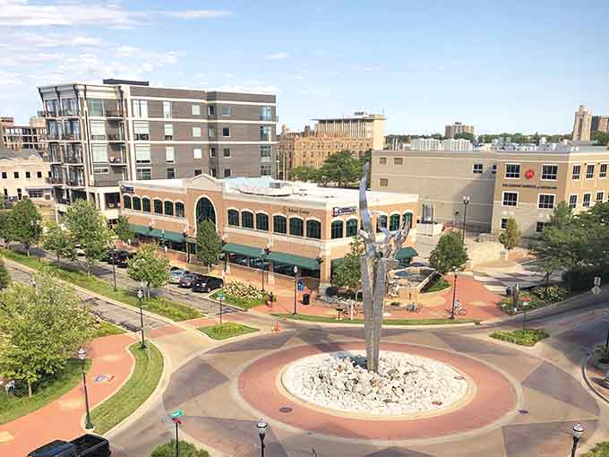 The roundabout's fountain centerpiece adds European flair to a Midwest town that knows style doesn't require expensive zip codes.