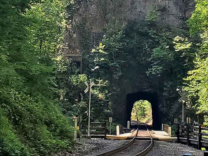 Like a scene from Thomas the Tank Engine, this natural tunnel frames distant greenery through its perfectly circular stone archway.