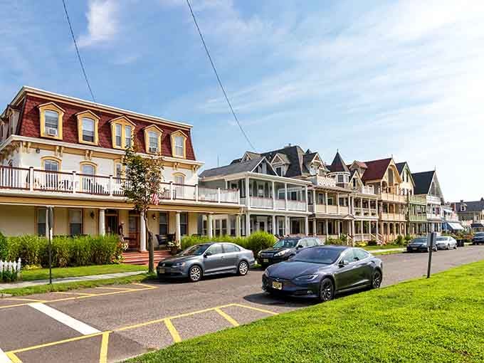 A parade of porches and turrets lines up like they're auditioning for "America's Most Photogenic Street" competition.