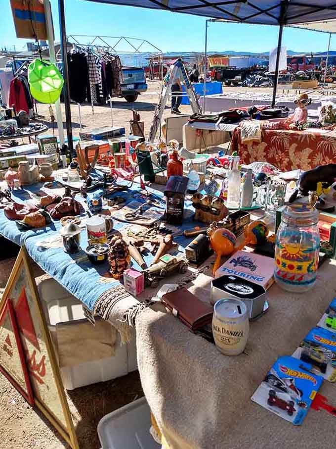 Tables overflowing with eclectic treasures prove one person's clutter truly becomes another person's collectible goldmine here.