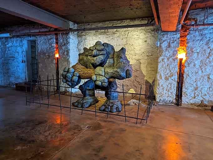 Underground chambers hiding mythical creatures prove that castle basements can hold surprises beyond dusty old storage boxes.