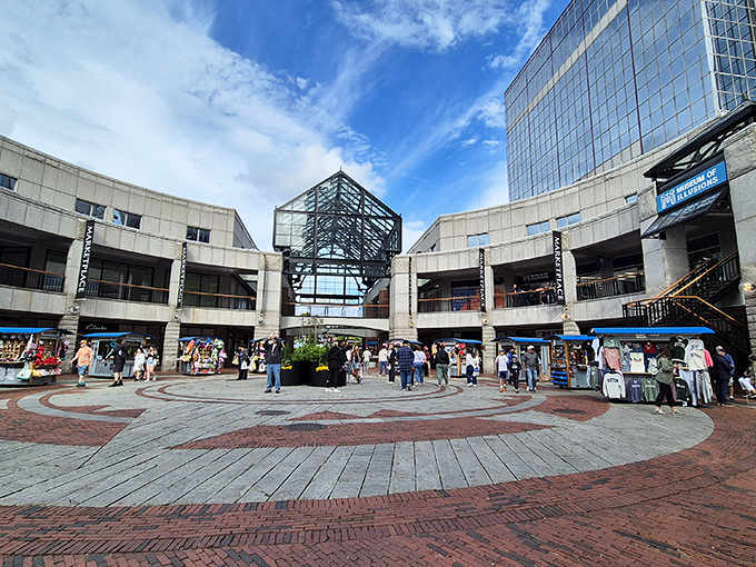 Shoppers and tourists fill the brick plaza, drawn to this architectural landmark that's been feeding hungry visitors for generations.