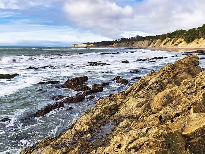 Waves dance around dark rocks while the rugged shoreline stretches toward distant headlands under dramatic skies.