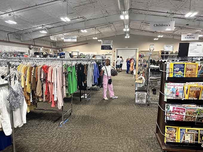 Organized racks bursting with colorful clothing prove that secondhand shopping can feel surprisingly upscale and fun.