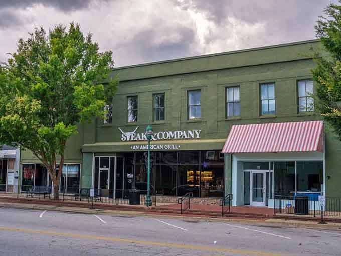 That striped awning and downtown storefront create the perfect backdrop for a memorable steak dinner with good friends.