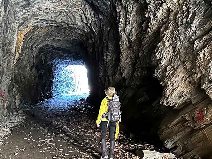 Adventure awaits in this stone tunnel where hikers become temporary spelunkers on their woodland journey.