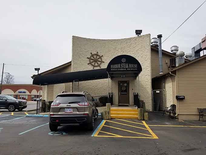 The bright yellow steps provide a cheerful pop of color leading hungry guests toward memorable meals by the water.