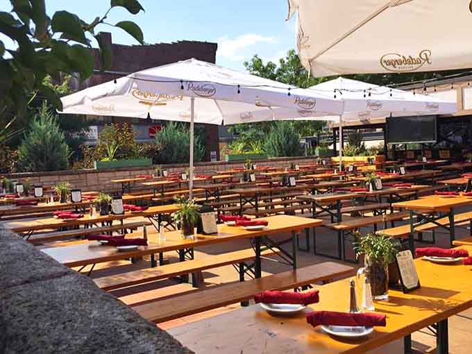 Those communal benches practically invite you to raise a stein and make some new friends.