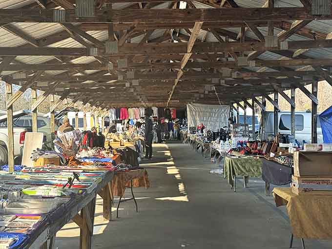 Morning light filters through wooden beams, illuminating vendor tables that stretch toward a vanishing point of possibilities.