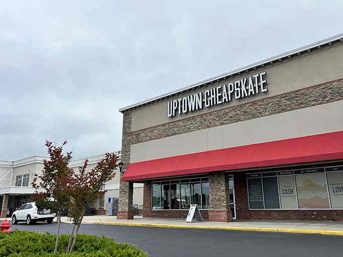 Modern brick and stone architecture frames this resale shop where sustainable shopping meets seriously smart style choices.