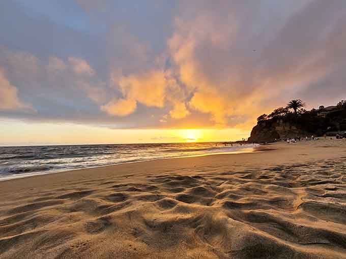 Sunset paints the sky in brilliant gold and orange, transforming ordinary sand into a canvas of pure magic.