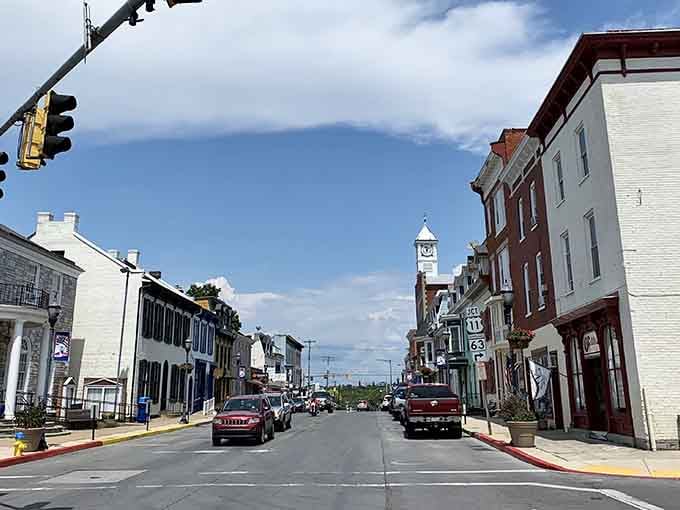 Wide streets and historic facades stretch toward distant hills, inviting leisurely strolls through a downtown that time treated kindly.