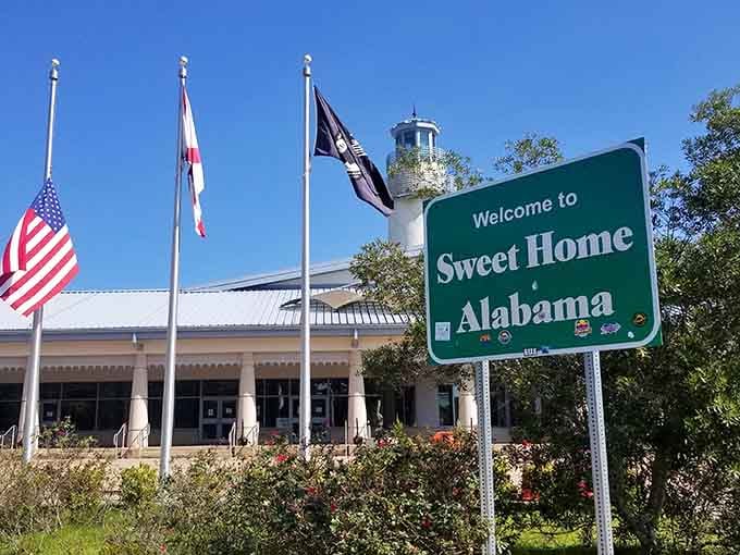 Bright sunny days and waving flags greet you as you arrive at this scenic rest stop under a clear sky.