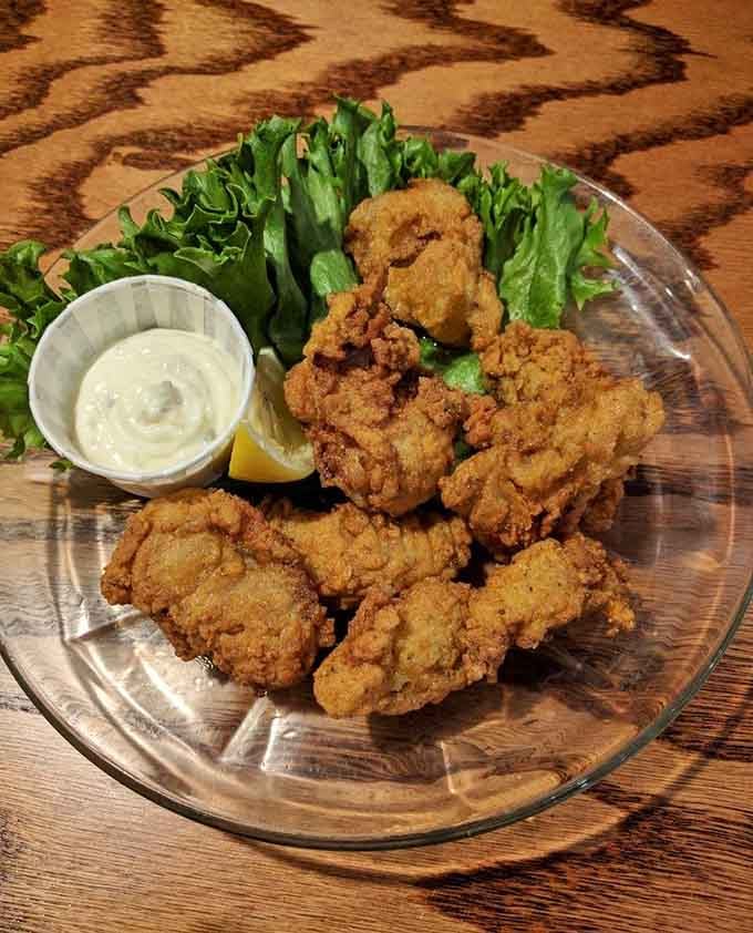 Fried oysters piled high on fresh lettuce showcase the Chesapeake Bay's finest in gloriously crunchy form.