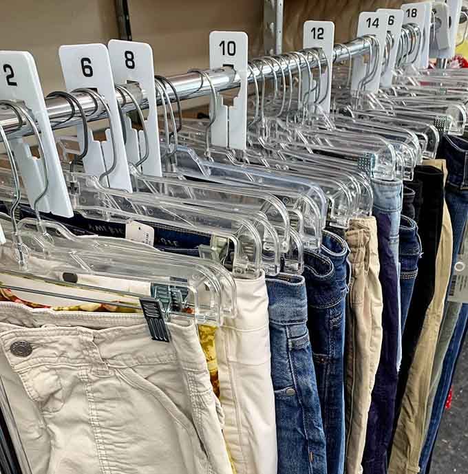 Numbered hangers keep the pants organized better than most department stores, making shopping surprisingly stress-free here.