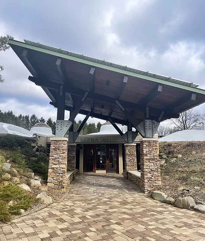 Nature Realm's striking architecture welcomes visitors to explore, blending modern design with natural surroundings quite impressively overall.